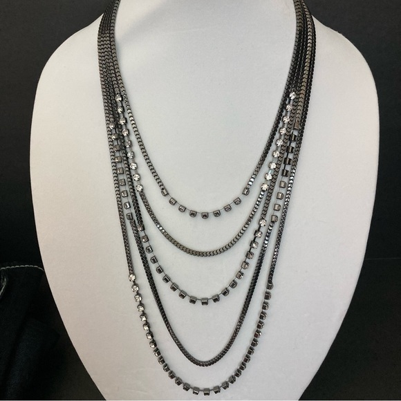 Jewelry | Five Layered Necklace Gunmetal Color Clear Stones | Poshmark